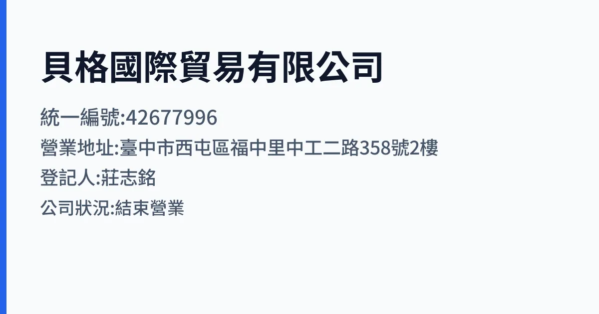 貝格國際貿易有限公司 - 統編 42677996(臺中市) 公司登記資料與營業項目詳細圖表