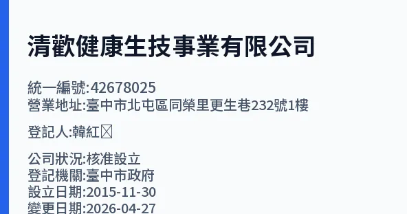清歡健康生技事業有限公司的照片-統編 42678025(臺中市) 公司登記資料與營業項目詳細圖表