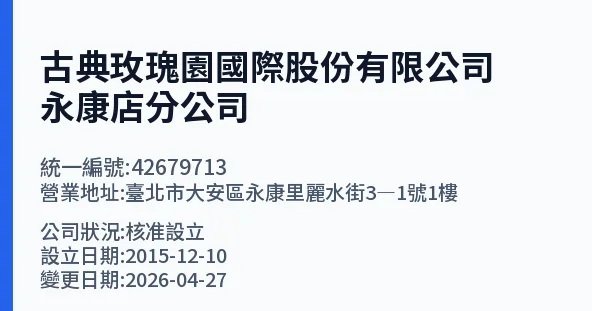 古典玫瑰園國際股份有限公司永康店分公司的照片-統編 42679713(臺北市) 公司登記資料與營業項目詳細圖表