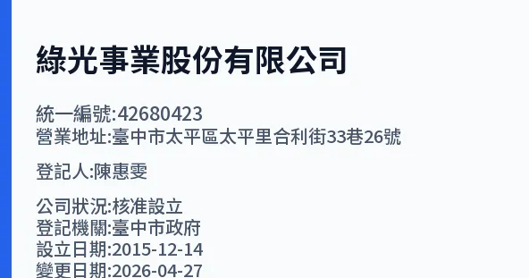 綠光事業股份有限公司的照片-統編 42680423(臺中市) 公司登記資料與營業項目詳細圖表