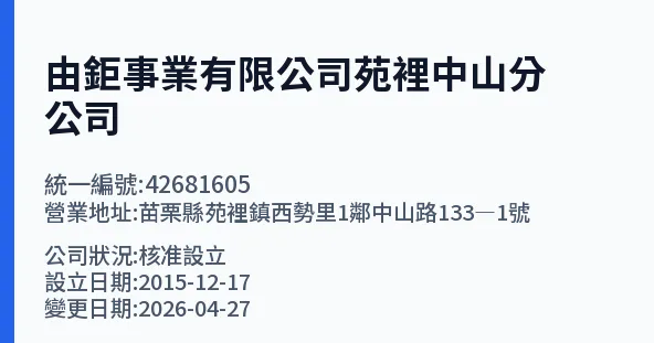 由鉅事業有限公司苑裡中山分公司的照片-統編 42681605(苗栗縣) 公司登記資料與營業項目詳細圖表