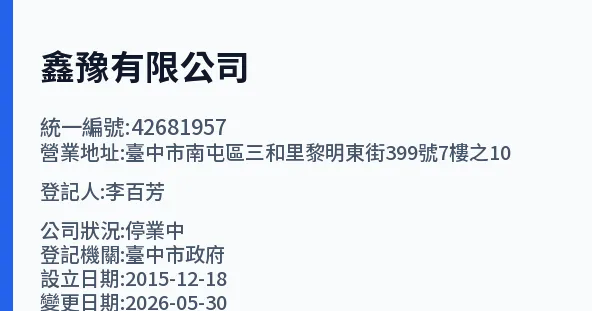 鑫豫有限公司的照片-統編 42681957(臺中市) 公司登記資料與營業項目詳細圖表