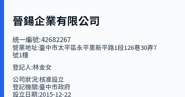 晉鍚企業有限公司的照片-統編 42682267(臺中市) 公司登記資料與營業項目詳細圖表
