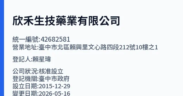 欣禾生技藥業有限公司的照片-統編 42682581(臺中市) 公司登記資料與營業項目詳細圖表