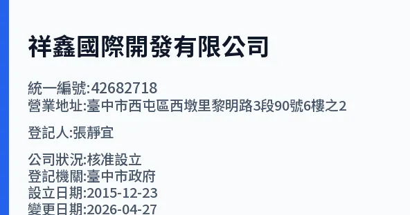 祥鑫國際開發有限公司的照片-統編 42682718(臺中市) 公司登記資料與營業項目詳細圖表