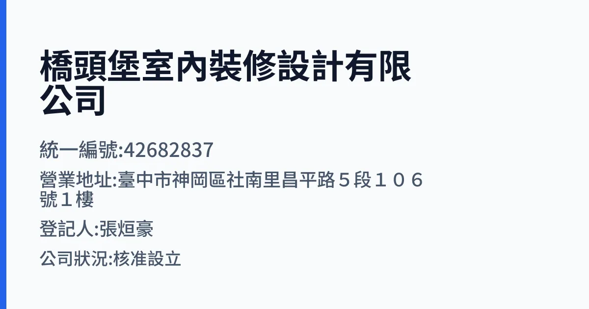 橋頭堡室內裝修設計有限公司 - 統編 42682837(臺中市) 公司登記資料與營業項目詳細圖表