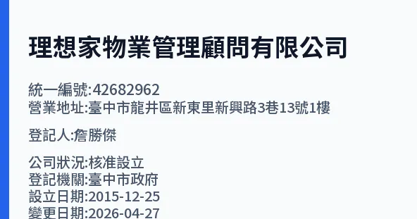 理想家物業管理顧問有限公司的照片-統編 42682962(臺中市) 公司登記資料與營業項目詳細圖表