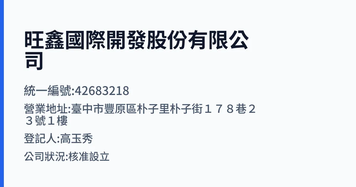 旺鑫國際開發股份有限公司 - 統編 42683218(臺中市) 公司登記資料與營業項目詳細圖表