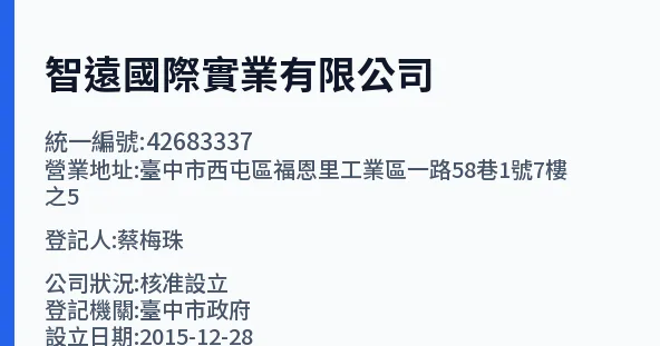 智遠國際實業有限公司的照片-統編 42683337(臺中市) 公司登記資料與營業項目詳細圖表