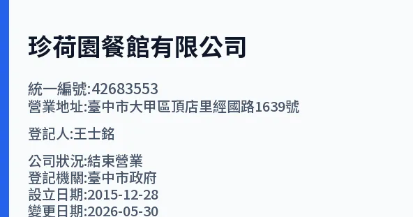 珍荷園餐館有限公司的照片-統編 42683553(臺中市) 公司登記資料與營業項目詳細圖表