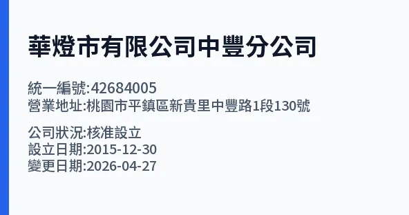 華燈市有限公司中豐分公司的照片-統編 42684005(桃園市) 公司登記資料與營業項目詳細圖表
