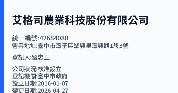 艾格司農業科技股份有限公司的照片-統編 42684080(臺中市) 公司登記資料與營業項目詳細圖表