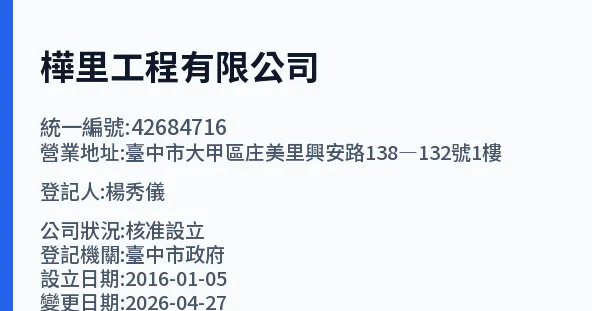 樺里工程有限公司的照片-統編 42684716(臺中市) 公司登記資料與營業項目詳細圖表
