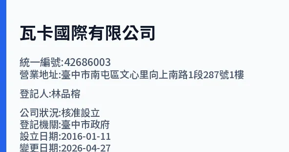 瓦卡國際有限公司的照片-統編 42686003(臺中市) 公司登記資料與營業項目詳細圖表