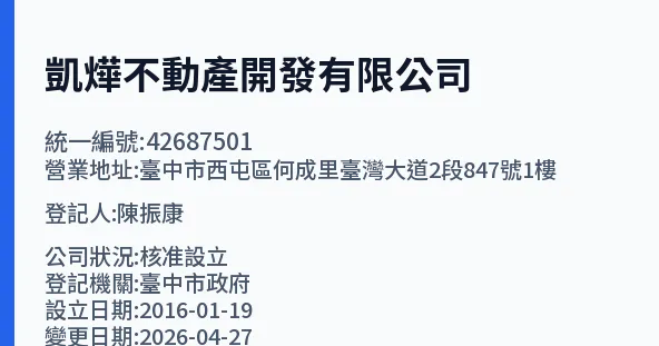 凱燁不動產開發有限公司的照片-統編 42687501(臺中市) 公司登記資料與營業項目詳細圖表