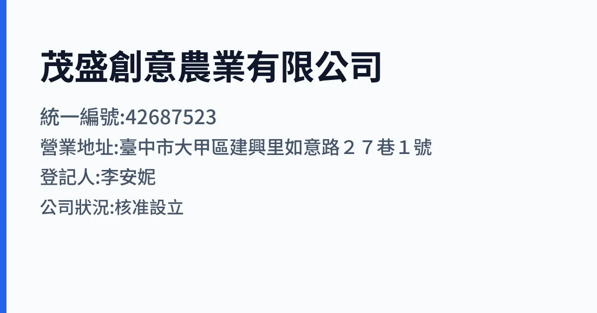 茂盛創意農業有限公司 - 統編 42687523（臺中市） 公司登記資料與營業項目詳細圖表