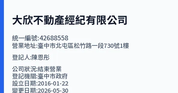 大欣不動產經紀有限公司的照片-統編 42688558(臺中市) 公司登記資料與營業項目詳細圖表