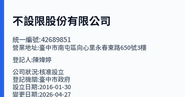 不設限股份有限公司的照片-統編 42689851(臺中市) 公司登記資料與營業項目詳細圖表
