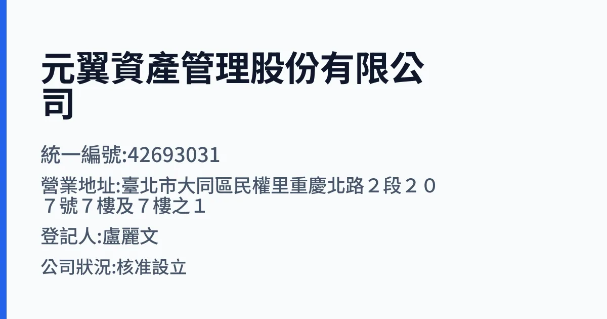 元翼資產管理股份有限公司 - 統編 42693031(臺北市) 公司登記資料與營業項目詳細圖表