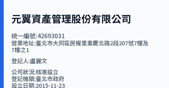 元翼資產管理股份有限公司的照片-統編 42693031(臺北市) 公司登記資料與營業項目詳細圖表