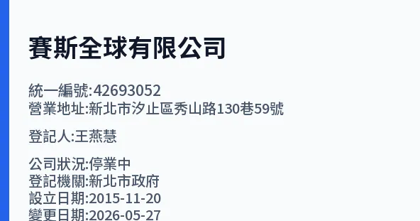 賽斯全球有限公司的照片-統編 42693052(新北市) 公司登記資料與營業項目詳細圖表