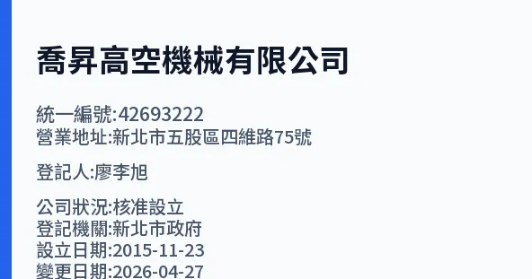 喬昇高空機械有限公司的照片-統編 42693222(新北市) 公司登記資料與營業項目詳細圖表