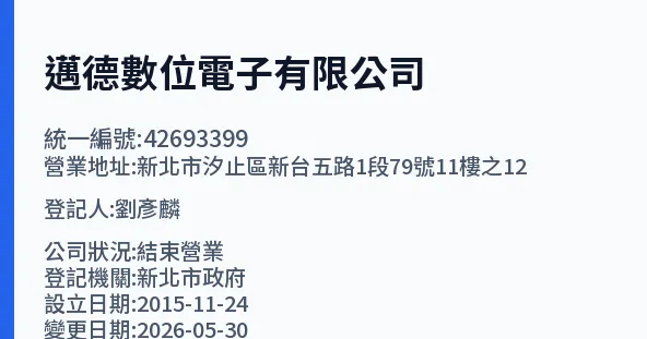 邁德數位電子有限公司的照片-統編 42693399(新北市) 公司登記資料與營業項目詳細圖表