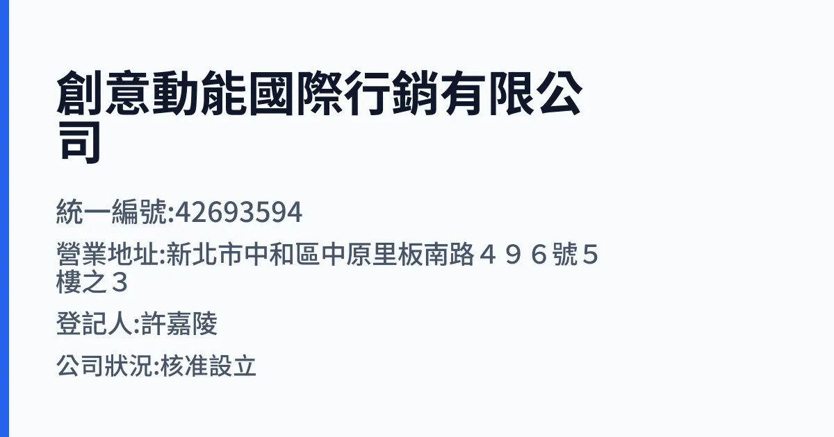 創意動能國際行銷有限公司 - 統編 42693594(新北市) 公司登記資料與營業項目詳細圖表