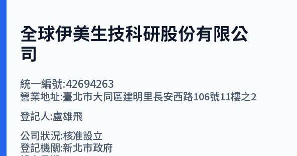 全球伊美生技科研股份有限公司的照片-統編 42694263(臺北市) 公司登記資料與營業項目詳細圖表