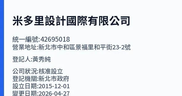 米多里設計國際有限公司的照片-統編 42695018(新北市) 公司登記資料與營業項目詳細圖表