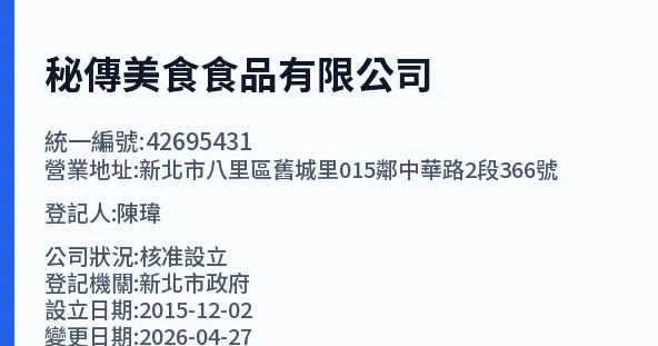 秘傳美食食品有限公司的照片-統編 42695431(新北市) 公司登記資料與營業項目詳細圖表