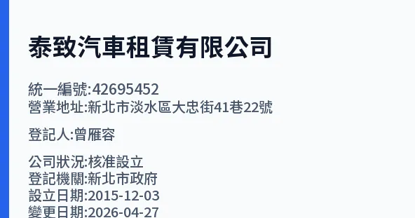泰致汽車租賃有限公司的照片-統編 42695452(新北市) 公司登記資料與營業項目詳細圖表