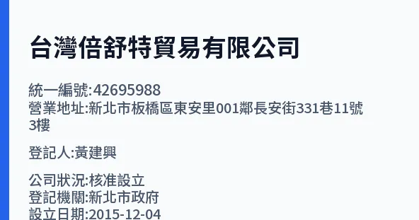 台灣倍舒特貿易有限公司的照片-統編 42695988(新北市) 公司登記資料與營業項目詳細圖表