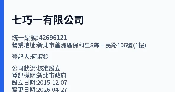 七巧一有限公司的照片-統編 42696121(新北市) 公司登記資料與營業項目詳細圖表