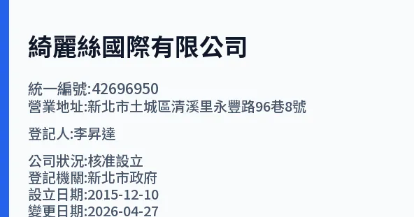 綺麗絲國際有限公司的照片-統編 42696950(新北市) 公司登記資料與營業項目詳細圖表