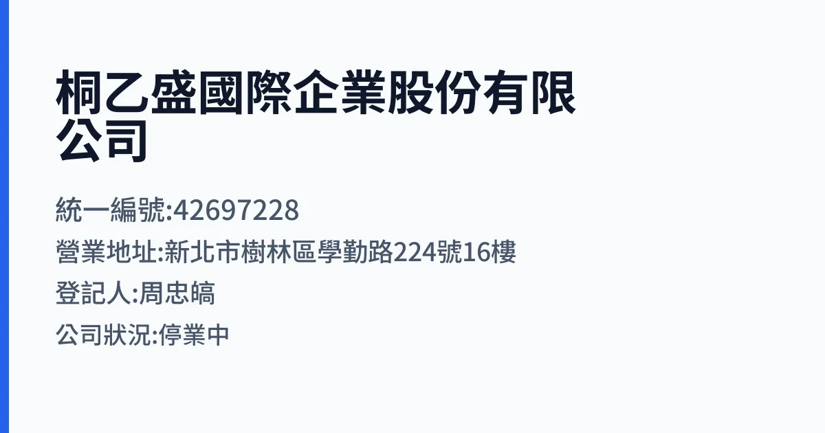 桐乙盛國際企業股份有限公司 - 統編 42697228(新北市) 公司登記資料與營業項目詳細圖表