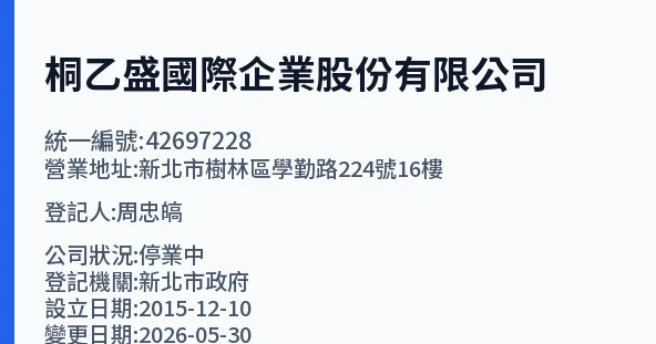 桐乙盛國際企業股份有限公司的照片-統編 42697228(新北市) 公司登記資料與營業項目詳細圖表