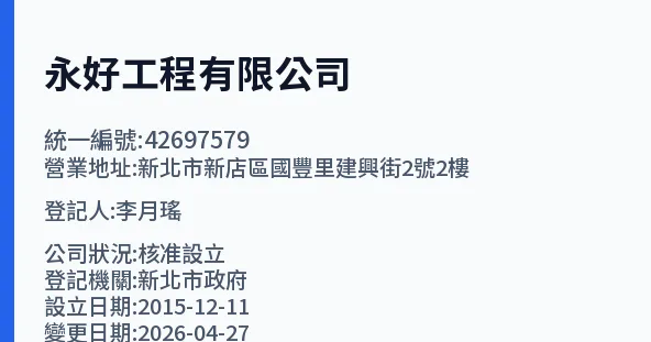 永好工程有限公司的照片-統編 42697579(新北市) 公司登記資料與營業項目詳細圖表