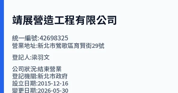 靖展營造工程有限公司的照片-統編 42698325(新北市) 公司登記資料與營業項目詳細圖表