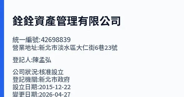 銓銓資產管理有限公司的照片-統編 42698839(新北市) 公司登記資料與營業項目詳細圖表