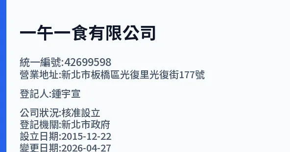 一午一食有限公司的照片-統編 42699598(新北市) 公司登記資料與營業項目詳細圖表