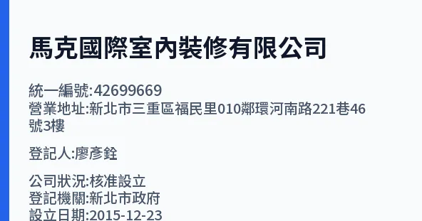 馬克國際室內裝修有限公司的照片-統編 42699669(新北市) 公司登記資料與營業項目詳細圖表