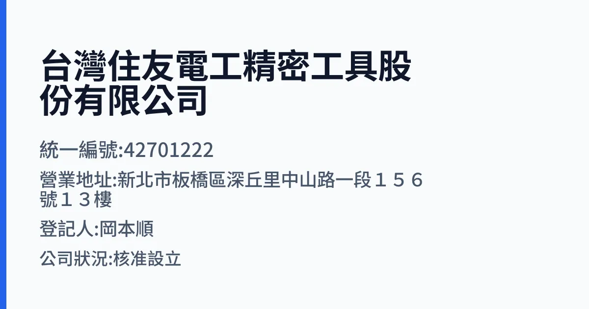 台灣住友電工精密工具股份有限公司 - 統編 42701222(新北市) 公司登記資料與營業項目詳細圖表