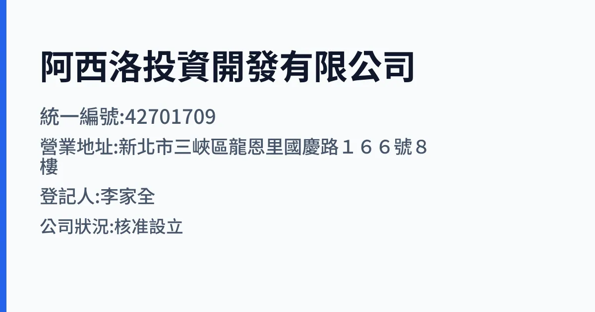 阿西洛投資開發有限公司 - 統編 42701709(新北市) 公司登記資料與營業項目詳細圖表