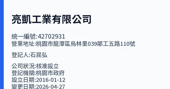 亮凱工業有限公司的照片-統編 42702931(桃園市) 公司登記資料與營業項目詳細圖表