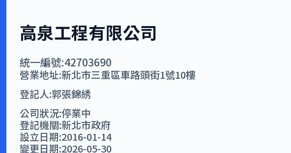 高泉工程有限公司的照片-統編 42703690(新北市) 公司登記資料與營業項目詳細圖表