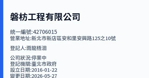 磐枋工程有限公司的照片-統編 42706015(新北市) 公司登記資料與營業項目詳細圖表