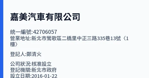 嘉美汽車有限公司的照片-統編 42706057(新北市) 公司登記資料與營業項目詳細圖表