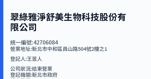 翠綠雅淨舒美生物科技股份有限公司的照片-統編 42706084(新北市) 公司登記資料與營業項目詳細圖表
