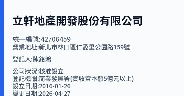 立軒地產開發股份有限公司的照片-統編 42706459(新北市) 公司登記資料與營業項目詳細圖表